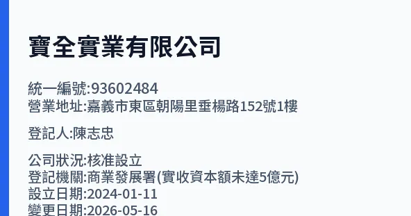 寶全實業有限公司的照片-統編 93602484(嘉義市) 公司登記資料與營業項目詳細圖表
