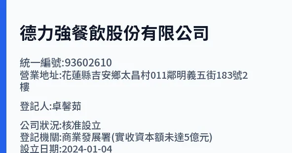 德力強餐飲股份有限公司的照片-統編 93602610(花蓮縣) 公司登記資料與營業項目詳細圖表