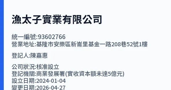 漁太子實業有限公司的照片-統編 93602766(基隆市) 公司登記資料與營業項目詳細圖表