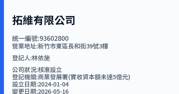 拓維有限公司的照片-統編 93602800(新竹市) 公司登記資料與營業項目詳細圖表