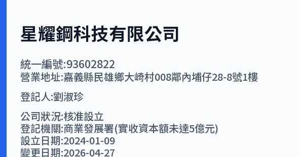 星耀鋼科技有限公司的照片-統編 93602822(嘉義縣) 公司登記資料與營業項目詳細圖表