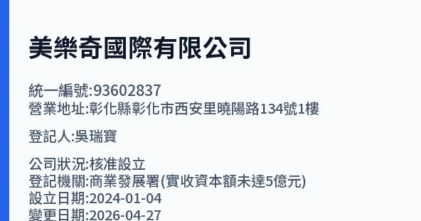 美樂奇國際有限公司的照片-統編 93602837(彰化縣) 公司登記資料與營業項目詳細圖表