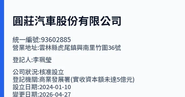 圓莊汽車股份有限公司的照片-統編 93602885(雲林縣) 公司登記資料與營業項目詳細圖表