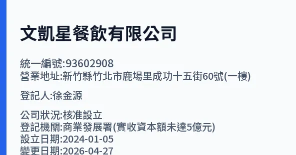 文凱星餐飲有限公司的照片-統編 93602908(新竹縣) 公司登記資料與營業項目詳細圖表