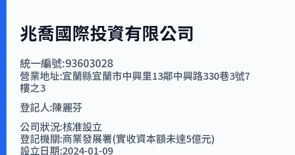 兆喬國際投資有限公司的照片-統編 93603028(宜蘭縣) 公司登記資料與營業項目詳細圖表