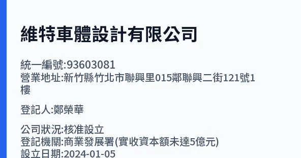 維特車體設計有限公司的照片-統編 93603081(新竹縣) 公司登記資料與營業項目詳細圖表