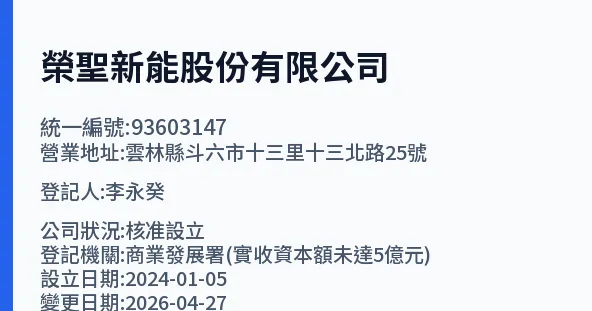 榮聖新能股份有限公司的照片-統編 93603147(雲林縣) 公司登記資料與營業項目詳細圖表