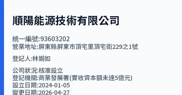 順陽能源技術有限公司的照片-統編 93603202(屏東縣) 公司登記資料與營業項目詳細圖表