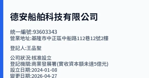 德安船舶科技有限公司的照片-統編 93603343(基隆市) 公司登記資料與營業項目詳細圖表
