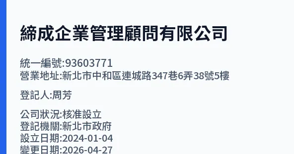 締成企業管理顧問有限公司的照片-統編 93603771(新北市) 公司登記資料與營業項目詳細圖表