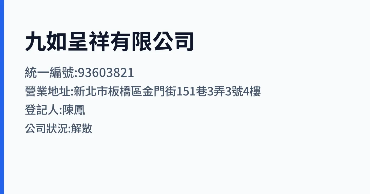 九如呈祥有限公司 - 統編 93603821(新北市) 公司登記資料與營業項目詳細圖表