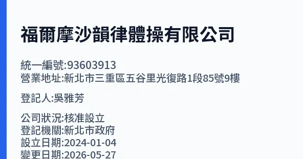 福爾摩沙韻律體操有限公司的照片-統編 93603913(新北市) 公司登記資料與營業項目詳細圖表