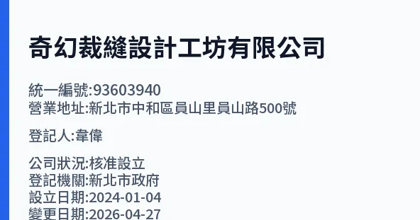 奇幻裁縫設計工坊有限公司的照片-統編 93603940(新北市) 公司登記資料與營業項目詳細圖表