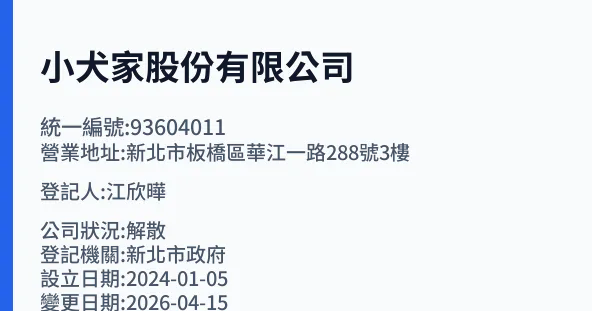 小犬家股份有限公司的照片-統編 93604011(新北市) 公司登記資料與營業項目詳細圖表