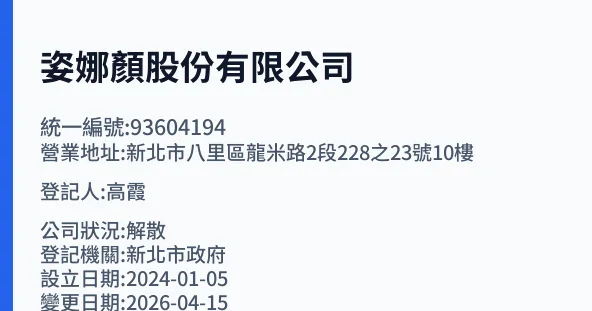姿娜顏股份有限公司的照片-統編 93604194(新北市) 公司登記資料與營業項目詳細圖表