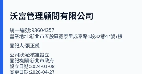 沃富管理顧問有限公司的照片-統編 93604357(新北市) 公司登記資料與營業項目詳細圖表