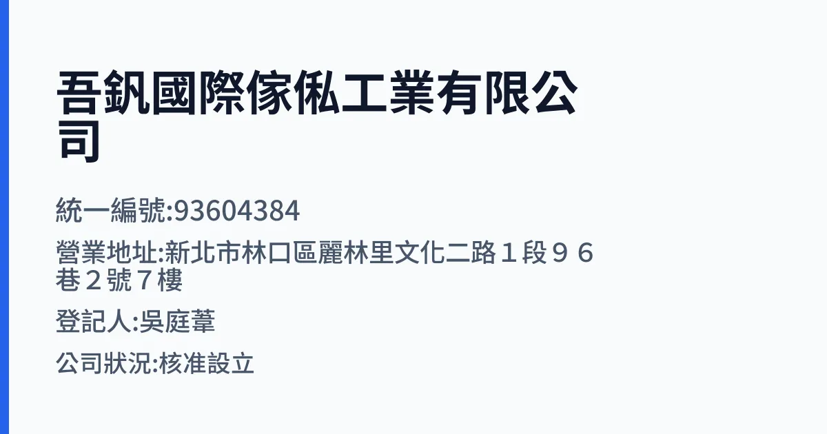 吾釩國際傢俬工業有限公司 - 統編 93604384(新北市) 公司登記資料與營業項目詳細圖表