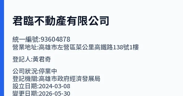 君臨不動產有限公司的照片-統編 93604878(高雄市) 公司登記資料與營業項目詳細圖表