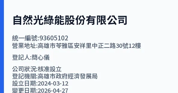 自然光綠能股份有限公司的照片-統編 93605102(高雄市) 公司登記資料與營業項目詳細圖表
