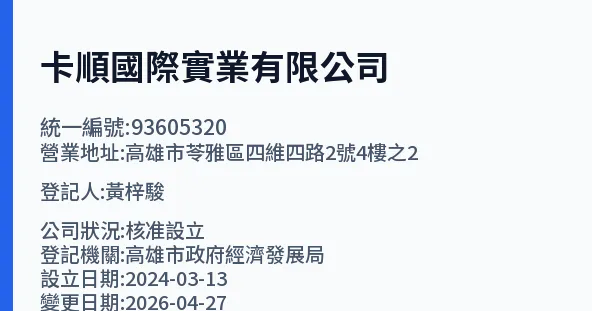 卡順國際實業有限公司的照片-統編 93605320(高雄市) 公司登記資料與營業項目詳細圖表