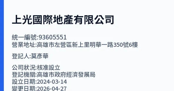 上光國際地產有限公司的照片-統編 93605551(高雄市) 公司登記資料與營業項目詳細圖表