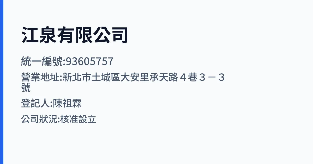 江泉有限公司 - 統編 93605757(新北市) 公司登記資料與營業項目詳細圖表
