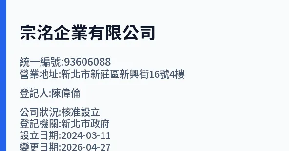 宗洺企業有限公司的照片-統編 93606088(新北市) 公司登記資料與營業項目詳細圖表