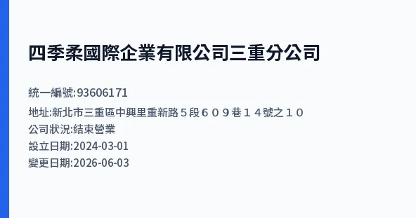 四季柔國際企業有限公司三重分公司的照片-統編 93606171(新北市) 公司登記資料與營業項目詳細圖表
