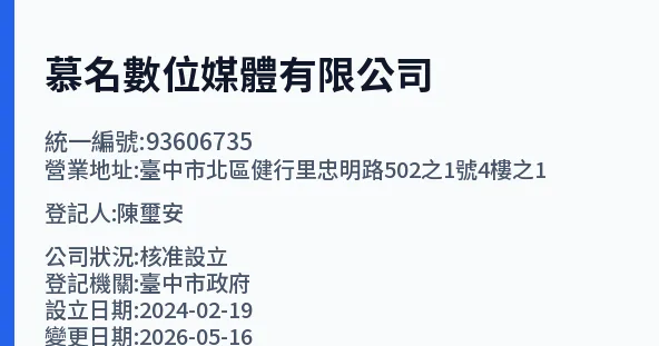 慕名數位媒體有限公司的照片-統編 93606735(臺中市) 公司登記資料與營業項目詳細圖表
