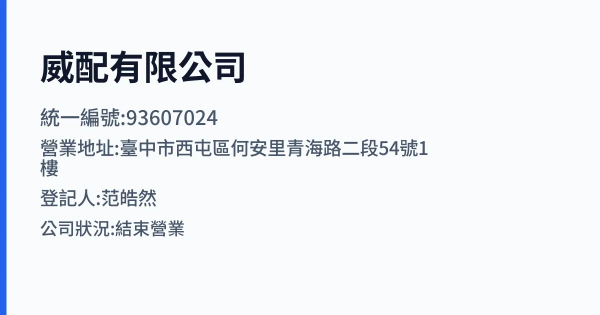 威配有限公司 - 統編 93607024(臺中市) 公司登記資料與營業項目詳細圖表