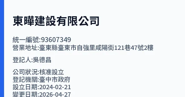 東曄建設有限公司的照片-統編 93607349(臺東縣) 公司登記資料與營業項目詳細圖表