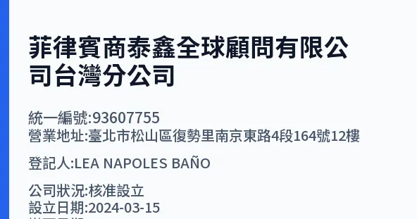 菲律賓商泰鑫全球顧問有限公司台灣分公司的照片-統編 93607755(臺北市) 公司登記資料與營業項目詳細圖表