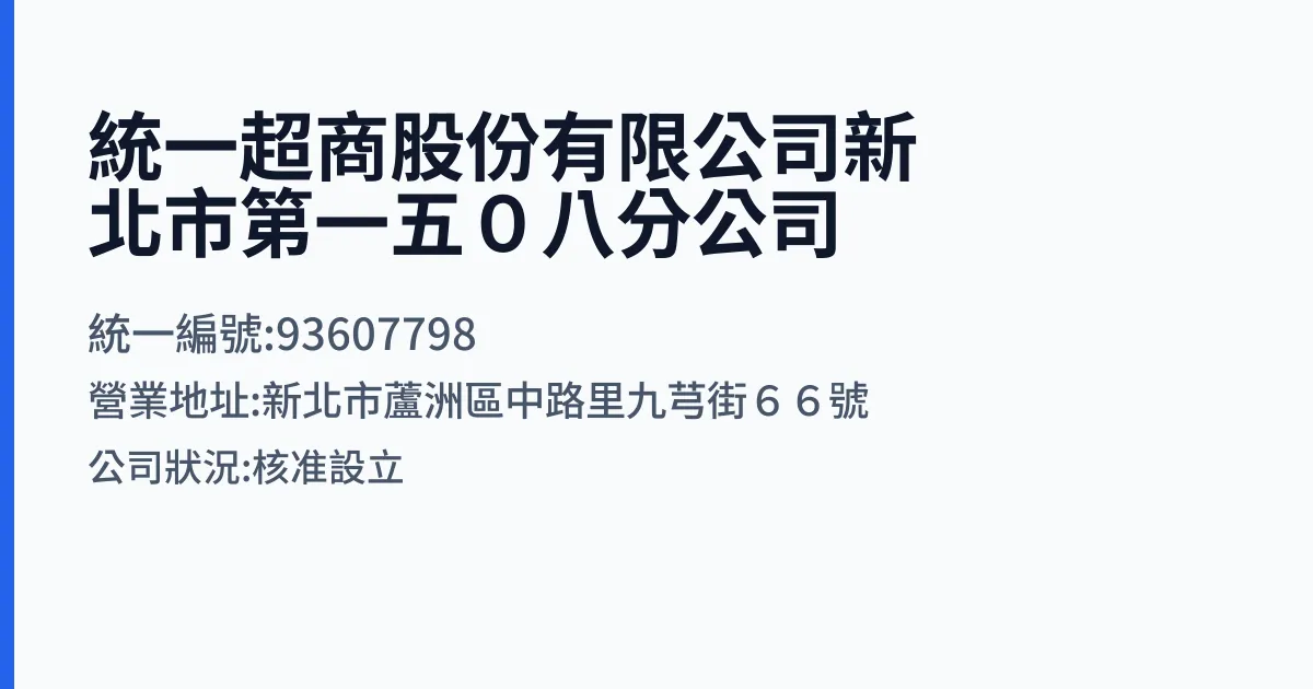 統一超商股份有限公司新北市第一五0八分公司 - 統編 93607798(新北市) 公司登記資料與營業項目詳細圖表