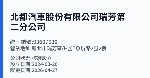 北都汽車股份有限公司瑞芳第二分公司的照片-統編 93607930(新北市) 公司登記資料與營業項目詳細圖表