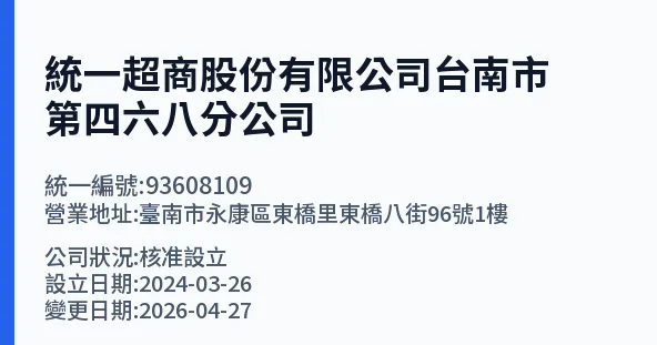統一超商股份有限公司台南市第四六八分公司的照片-統編 93608109(臺南市) 公司登記資料與營業項目詳細圖表
