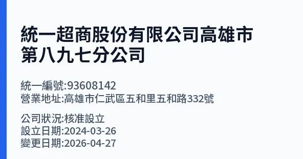 統一超商股份有限公司高雄市第八九七分公司的照片-統編 93608142(高雄市) 公司登記資料與營業項目詳細圖表