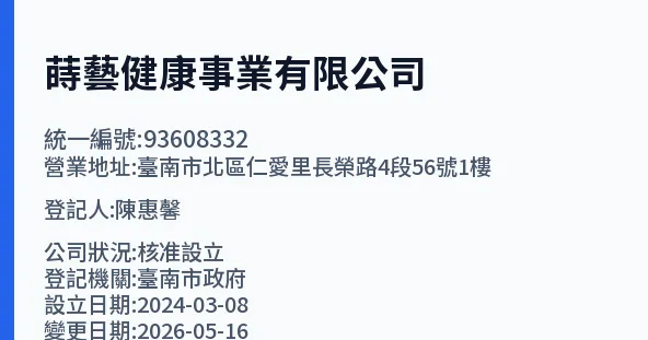 蒔藝健康事業有限公司的照片-統編 93608332(臺南市) 公司登記資料與營業項目詳細圖表