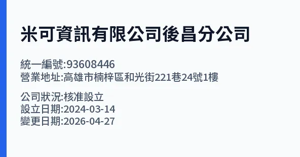米可資訊有限公司後昌分公司的照片-統編 93608446(高雄市) 公司登記資料與營業項目詳細圖表