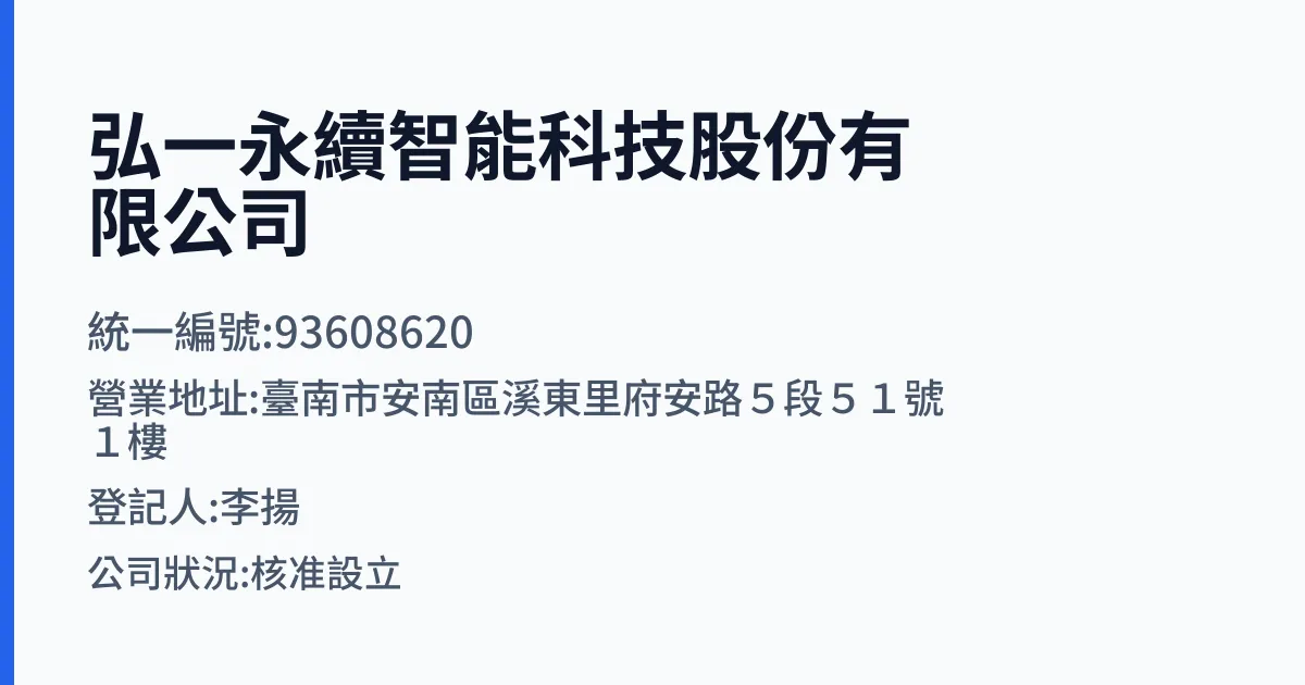 弘一永續智能科技股份有限公司 - 統編 93608620(臺南市) 公司登記資料與營業項目詳細圖表