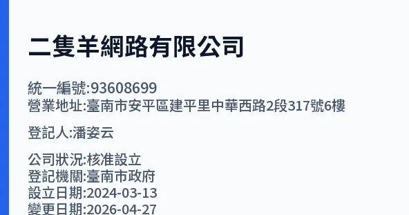 二隻羊網路有限公司的照片-統編 93608699(臺南市) 公司登記資料與營業項目詳細圖表
