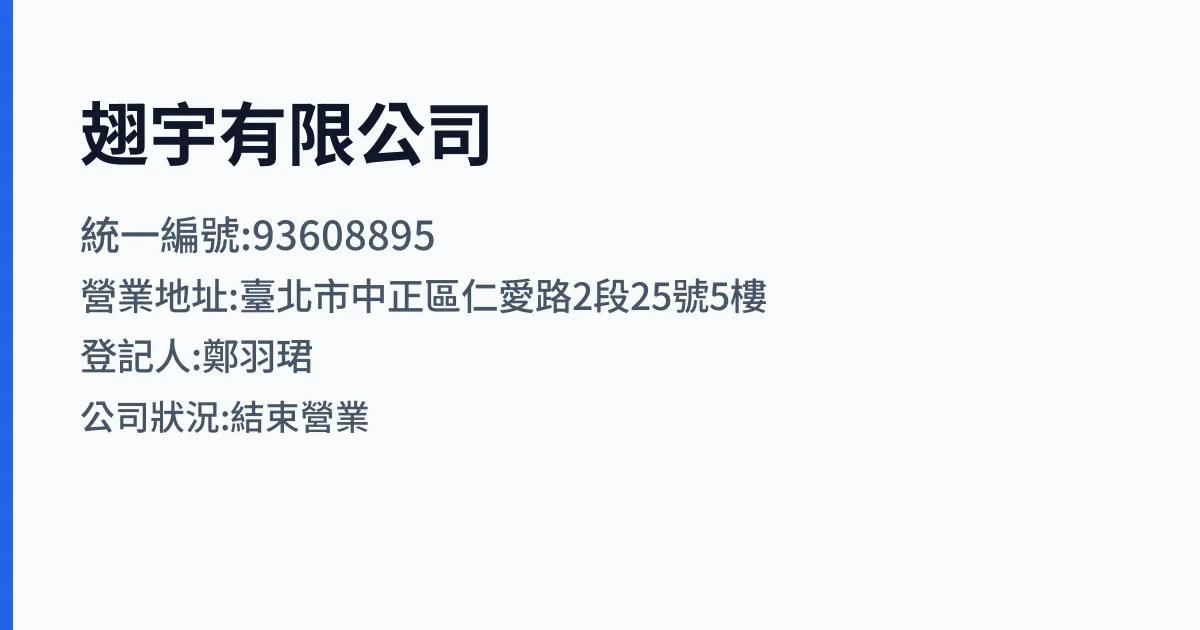翅宇有限公司 - 統編 93608895(臺北市) 公司登記資料與營業項目詳細圖表