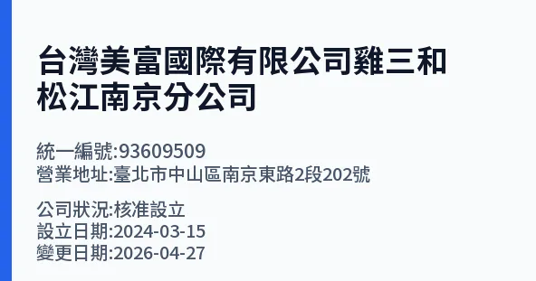 台灣美富國際有限公司雞三和松江南京分公司的照片-統編 93609509(臺北市) 公司登記資料與營業項目詳細圖表