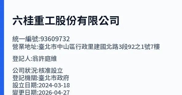 六桂重工股份有限公司的照片-統編 93609732(臺北市) 公司登記資料與營業項目詳細圖表