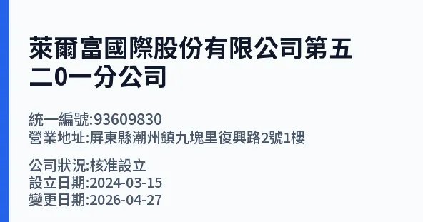 萊爾富國際股份有限公司第五二0一分公司的照片-統編 93609830(屏東縣) 公司登記資料與營業項目詳細圖表