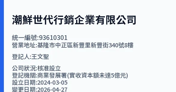 潮鮮世代行銷企業有限公司的照片-統編 93610301(基隆市) 公司登記資料與營業項目詳細圖表