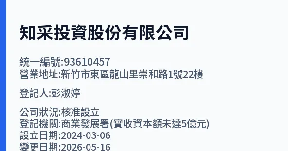 知采投資股份有限公司的照片-統編 93610457(新竹市) 公司登記資料與營業項目詳細圖表