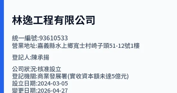 林逸工程有限公司的照片-統編 93610533(嘉義縣) 公司登記資料與營業項目詳細圖表
