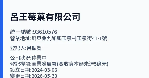 呂王莓菓有限公司的照片-統編 93610576(屏東縣) 公司登記資料與營業項目詳細圖表