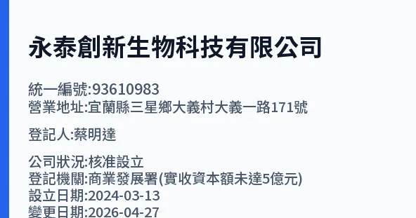 永泰創新生物科技有限公司的照片-統編 93610983(宜蘭縣) 公司登記資料與營業項目詳細圖表