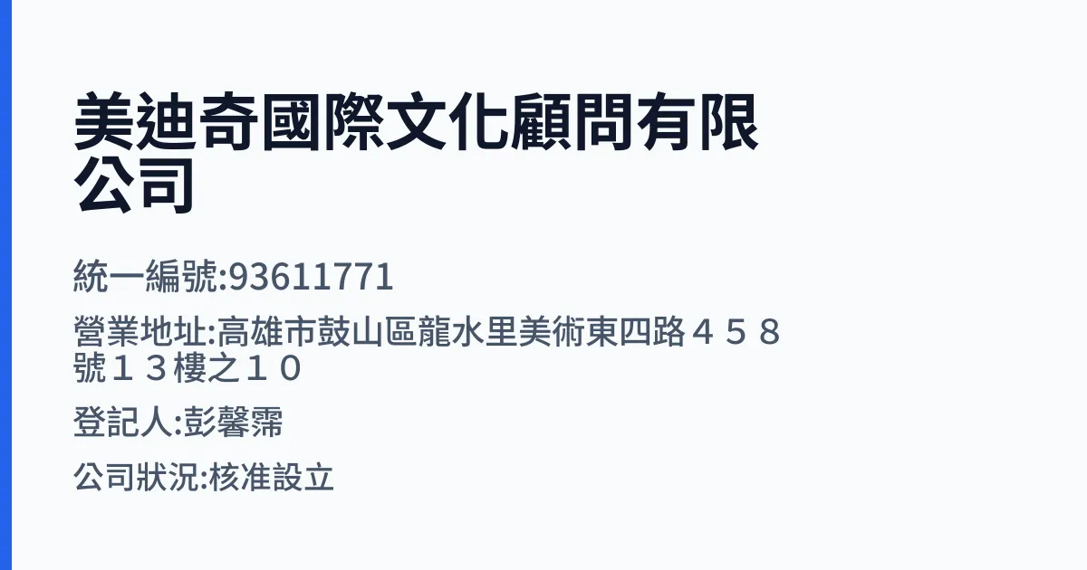 美迪奇國際文化顧問有限公司 - 統編 93611771(高雄市) 公司登記資料與營業項目詳細圖表